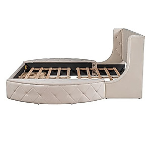 Prohon Upholstered Platform Bed with Wingback Headboard and 1 Big Drawer,2 Side Storage Stool, Velvet Tufted Bed Frame Queen Size, No Box Spring Needed, Easy to Install, Wooden Slats Support, Beige