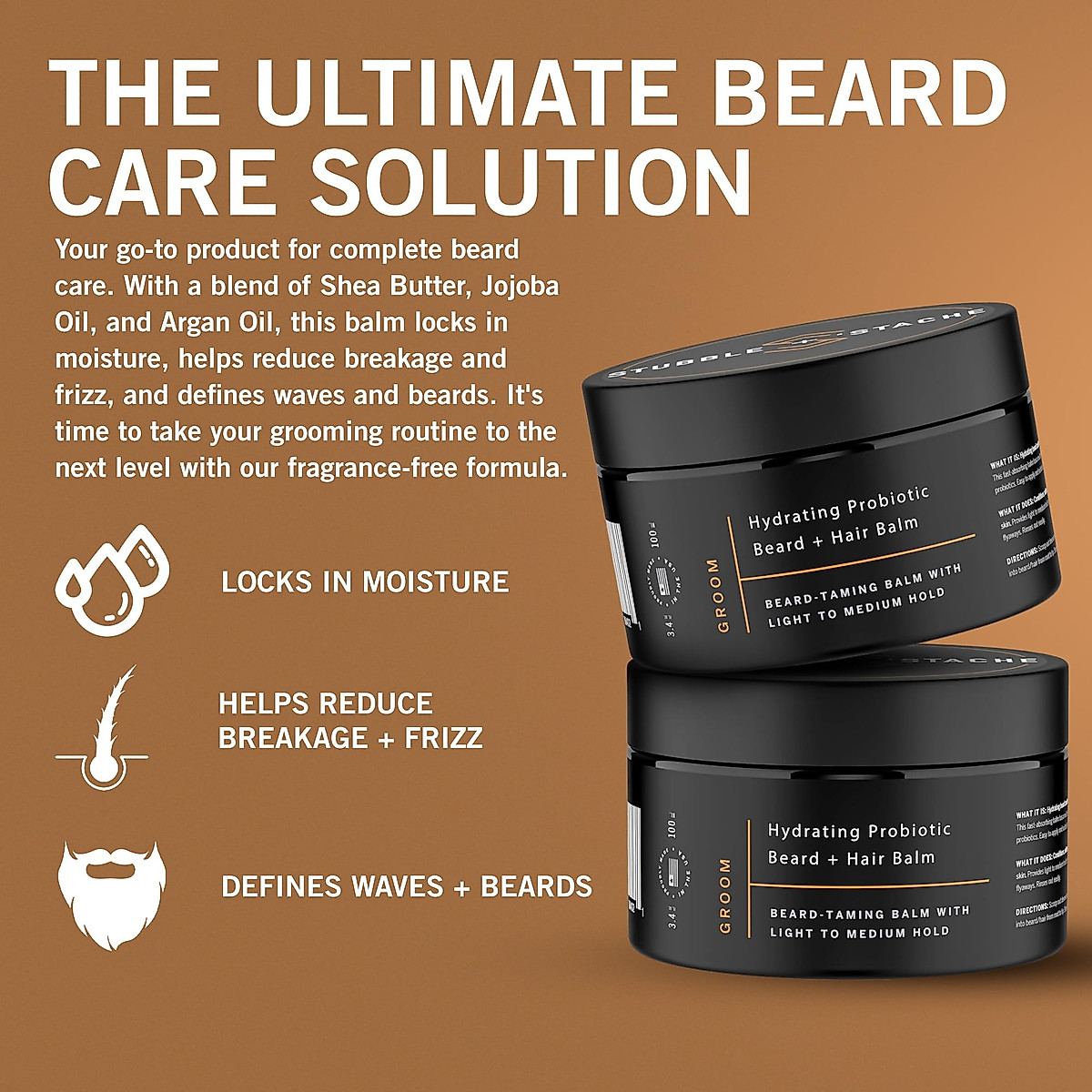 stubble & stache Mens Beard & Hair Balm with Shea Butter, Jojoba & Argan Oil Leave-in Conditioner - Wax for Mustache - Fragrance Free - 3.4 fl oz