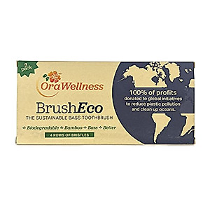 OraWellness Bamboo Toothbrush, Sustainable BrushEco Bass Toothbrush with 4 Rows, Biodegradable Wooden Toothbrush for Polishing Teeth, Removing Plaque, Healthy Mouth, Gums & Teeth, BPA Free, 3 Pack