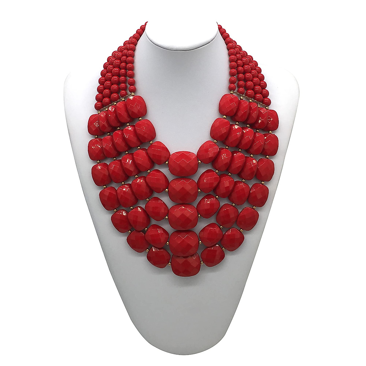 JHWZAIY 5 Layered Colorful Beaded Statement Chunky Necklaces For Women Fashion African Tribal Costume Jewelry Earring Set Multi Strand Bead Collar Choker Bib Handmade (5 layers red)