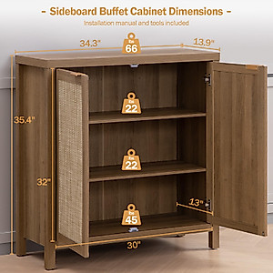 SICOTAS Sideboard Buffets Storage Cabinet - Boho Large Coffee Bar Cabinet with Rattan Decorated Door - Farmhouse Chest Credenza - Wood Cupboard Console Table for Kitchen Dining Room - Oak