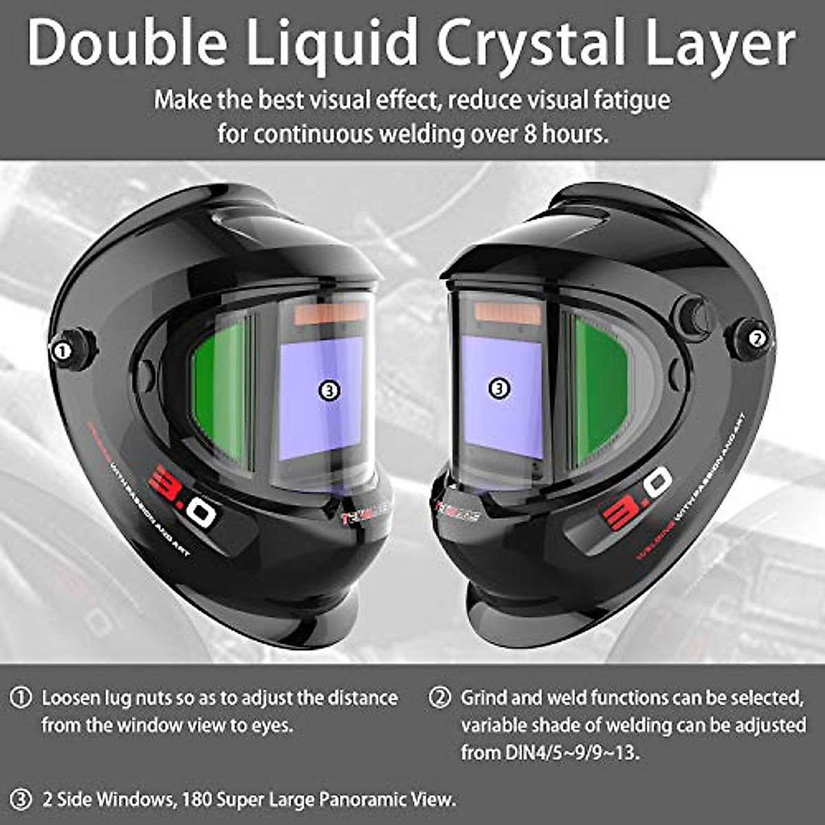 TEKWARE Auto Darkening Welding Helmet Large Viewing True Color Solar Powered Welding Hood with Side View, 4 Arc Sensor Wide Shade Range 4/5-9/9-13 Welder Mask for Mig Tig Arc Grinding Plasma