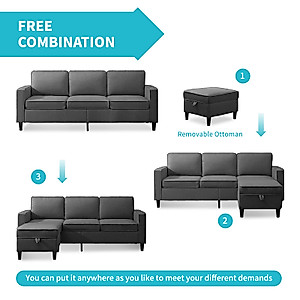 CECER Sectional Sofa, Convertible Couch, L-Shaped Couch with Storage Ottoman, Linen Fabric 3-seat Couches with Movable Ottoman, Chasie Lounge for Small Space-Apartment/Living Room (Dark Grey)