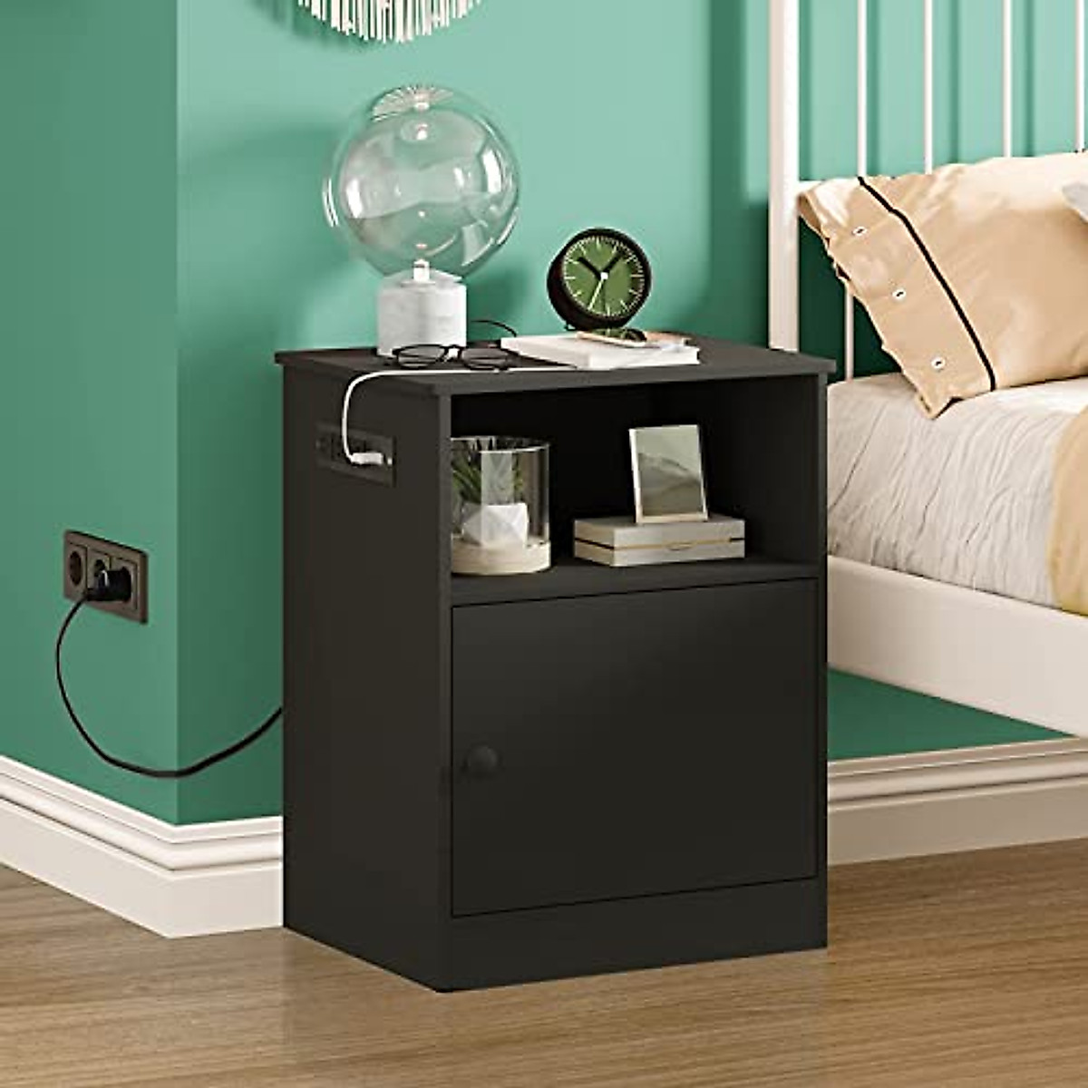 EPHEX Set of 2 End Table with USB Ports & Power Outlets, Black Nightstand with Charging Station, Side Table with Storage Cabinet for Home Office