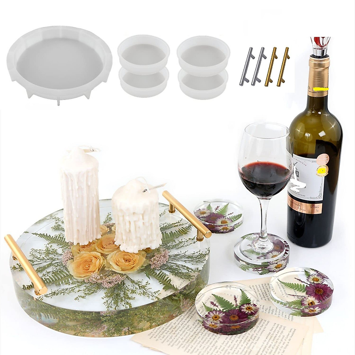 Resin Tray Molds Silicone, 12" Large Round Deep Tray Resin Mold and 4 Piece Round Deep Coaster Molds, Silicone Tray Board Table Resin Mold & Handles, Floral Preservation Bouquet Resin Mold