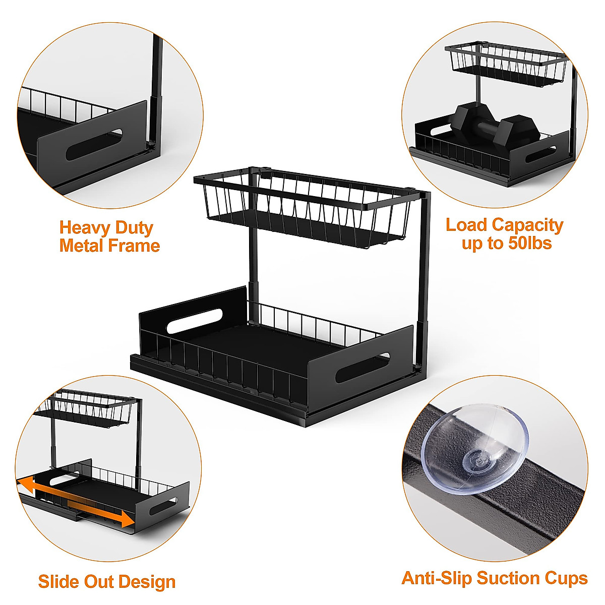 Under Sink Organizer, DIFEN 2-Tier Sliding Cabinet Basket Organizer for Under Sink Storage in Bathroom and Kitchen - Black