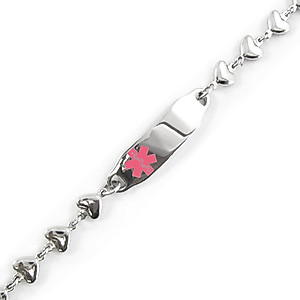 My Identity Doctor - Pre-Engraved & Customized Ladies Diabetes Type II Medical Bracelet, Heart Chain Pink
