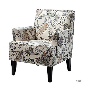 HULALA HOME Modern Accent Chair with Arms and Wooden Legs, Floral Patterned Accent Chair Armchair High Back Rest, Padded Armrest and Comfortable Cushioned Seat for Living Room (Orange Grey Floral)