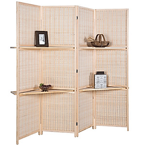 RHF 6 ft Tall (Extra Wide) Beige Woven Bamboo Room Divider&Room dividers and Folding Privacy Screens,Partition Wall, with 2 Display Shelves&Room Divider with Shelves-Bamboo -4 Panels 2 Shelves