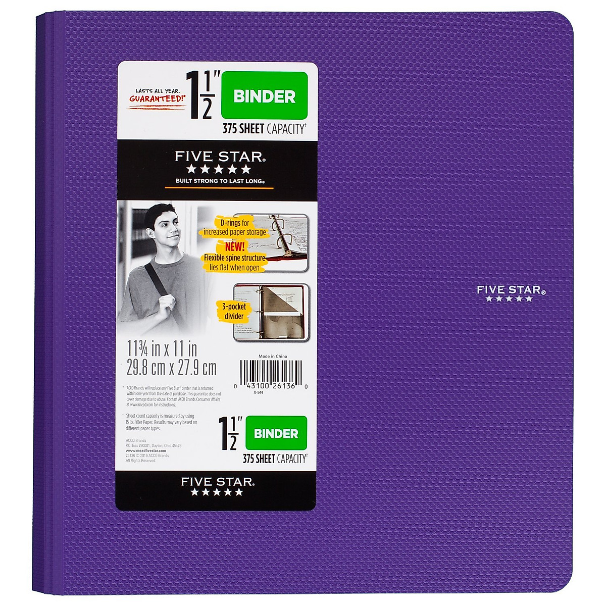 Five Star 1-1/2 Inch 3 Ring Binder, Plastic, Color Selected for You, 1 Count (26136)