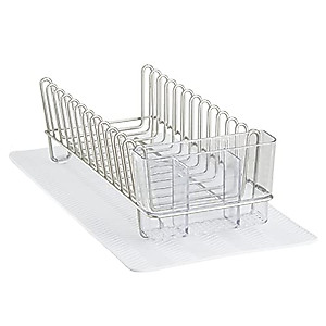 mDesign Steel Sink Dish Drying Rack/Dish Drainer Storage Organizer w/Wire Drainer, Drying Mat for Kitchen Counter, Easy Drain/Dry Dishes, Plate, Utensil - Concerto Collection, Set of 2 - Satin/White