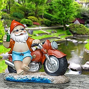 Lhocm Hawaiian Style Garden Gnomes Outdoor Decor -7.9" Motorcycle Beach Gnome for Spring and Summer Garden Decor - Perfect for Patio, Lawn, Yard, Balcony and Home - Funny Housewarming Gifts