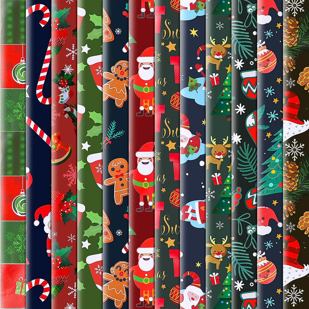 Konsait 12 Sheets Folded Large Sheets of Christmas Wrapping Paper Traditional Gift Wrap, 74 x 50cm, Xmas Festive Designs Bulk, Santa, Snowman,Snowflake,Tree,Reindeer Birthday Holiday Gifts Decor