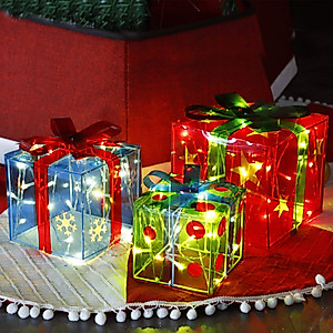 ATDAWN Set of 3 Lighted Gift Boxes Christmas Decorations, Snowflake Star Pre-lit Light Up Present Boxes for Christmas Indoor Home Outdoor Yard Lawn