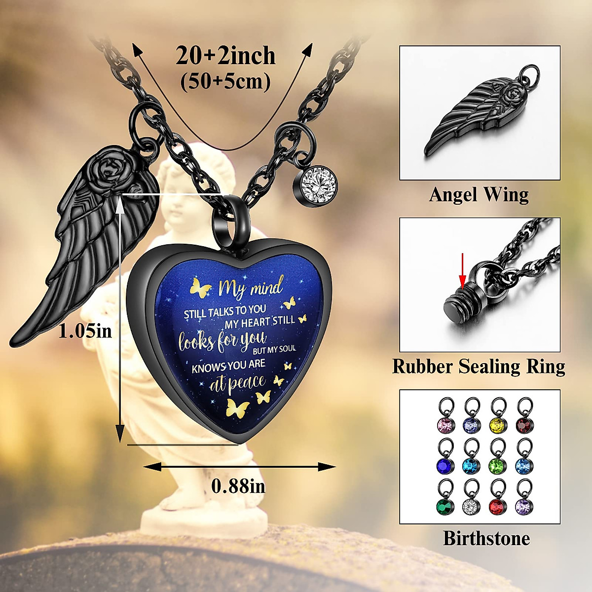 Dletay Heart Urn Necklace for Ashes Birthstones Cremation Jewelry for Ashes Butterflies Ash Necklace Memorial Ash Holder