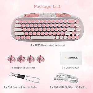 RK ROYAL KLUDGE RK838 Pink Wireless Keyboard, Retro Typewriter Keyboard BT/2.4G/Wired Mode, 75% RGB Hot Swappable Gaming Keyboard with Round Keys 10 Buttons, Pink Switches
