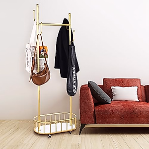 ZHANYUN Gold Metal Garment Rack, Clothes Racks on Wheels, Rolling Clothing Rack with A Hanging Rod and Bottom Storage Basket Shelves (Gold)