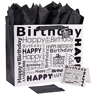 JWSCYSY White and Black 16" Extra Large Gift Bag with Tissue Paper and Card, Happy Bithday Gift Bag for Men Women Birthday - 16" x 12.2" x 5.5", 1 Pcs