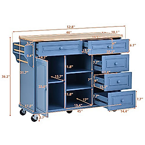 Merax Rolling Mobile Kitchen Island Cart with Wood Desktop and Storage Drawers, 53 Inch Width, Blue