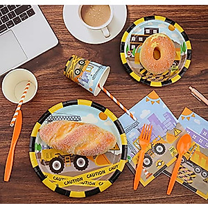 Construction Truck Party Supplies Tableware Set - Dump Truck Banner, Tablecover, Plate, Cups, Napkins, Balloons, Cake Toppers, Foil Balloon, for Party Decorations Kids Birthday Serves 20 Guests