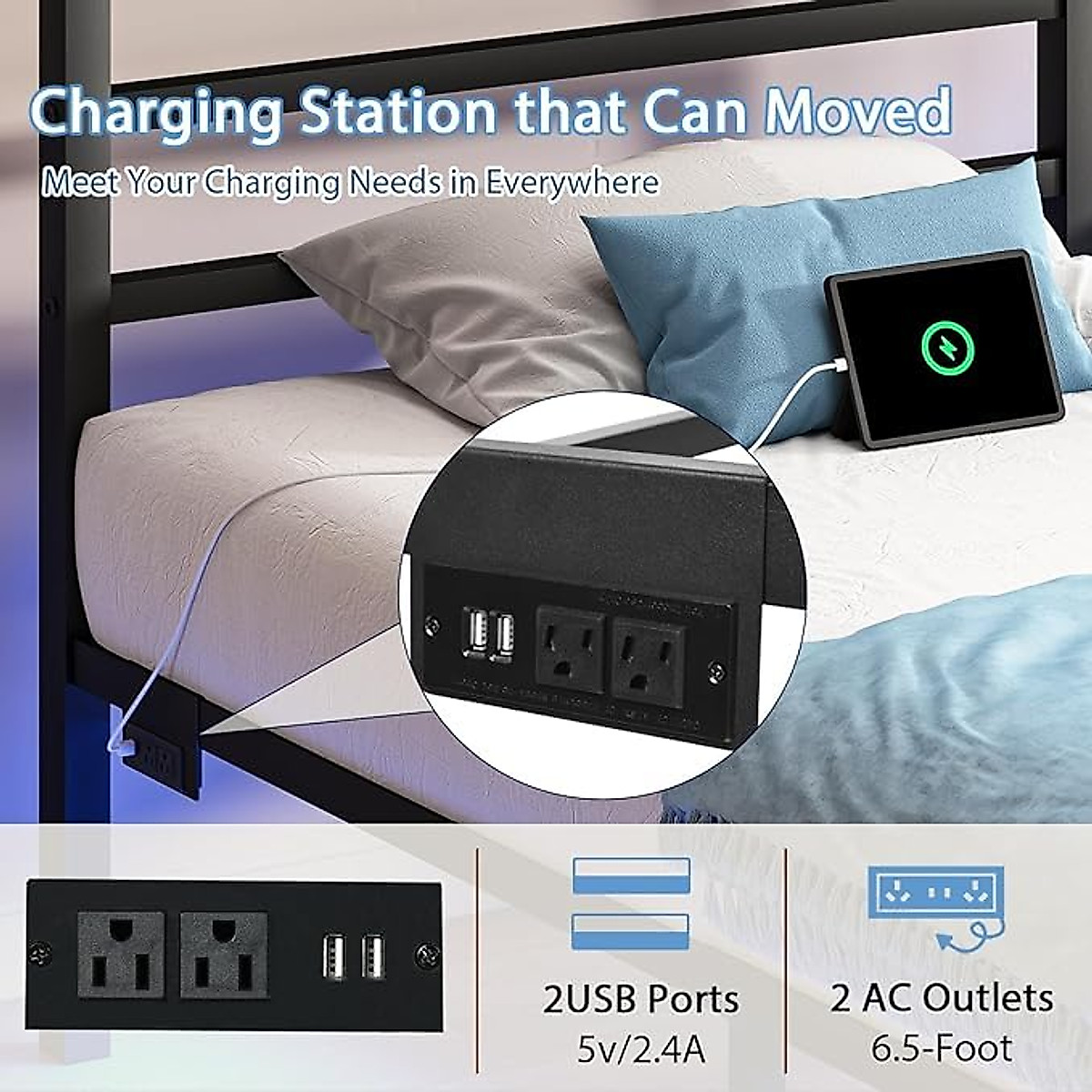 REVOMINCA Twin Bed Frame with Charging Station, Metal Platform Bed Frame with LED Lights, Storage Headboard, Heavy Duty Steel Slats, No Noise, Easy Assembly