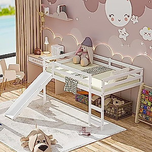 NAFORT Twin Loft Bed with Slide, Low Loft Bed with Stairs, Solid Wood Twin Loft Bed Frame for Girls Boys with Climbing Ladders Guard Rails and Slat Support - White