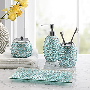 Whole HOUSEWARES | 4-Piece Decorative Glass Bathroom Accessories Set | Soap Dispenser, Toothbrush Holder, Cotton Jar, Vanity Tray | Gift Idea | Light Blue/Green