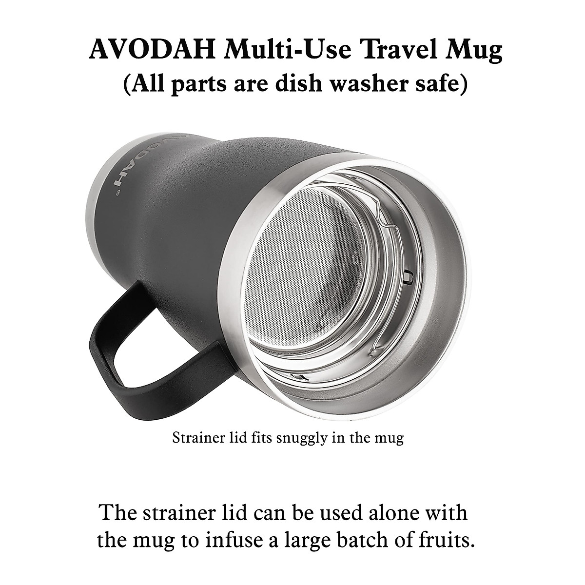 AVODAH 20 oz Tea Cup with Tea Infuser and Lid. Tea Infuser Mug with Tea Strainer, Two Lids & Straw. Coffee Travel Mug with Tea Accessories for Cold Brew (Black)