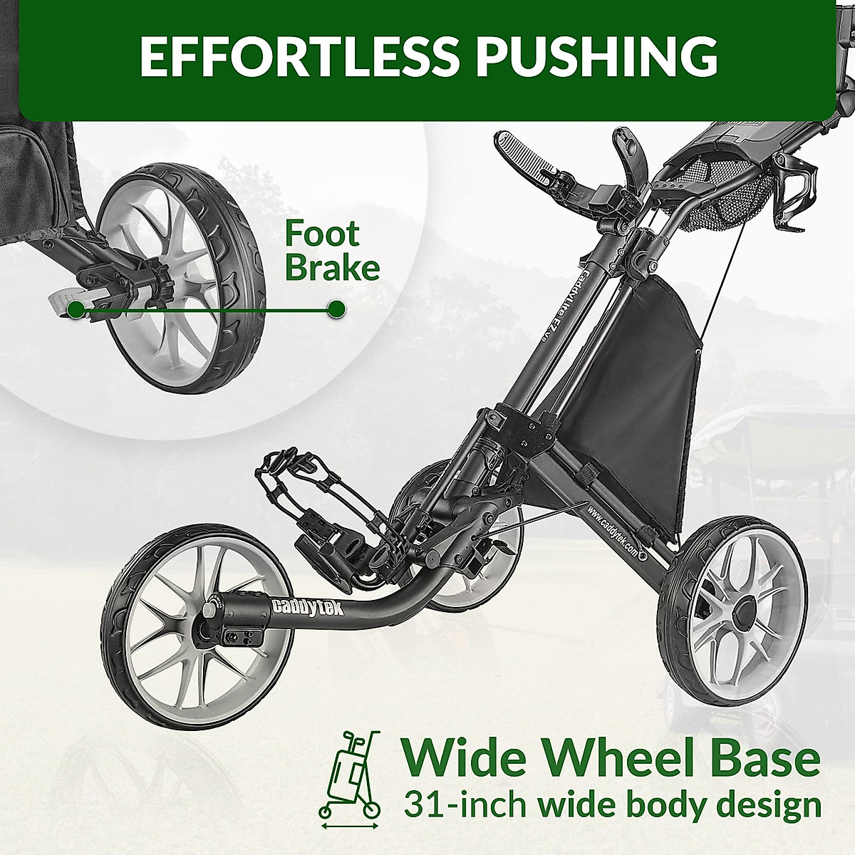 CaddyTek CaddyLite EZ Version 8 3 Wheel Golf Push Cart - Foldable Collapsible Lightweight Pushcart with Foot Brake - Easy to Open & Close, dark grey, one size