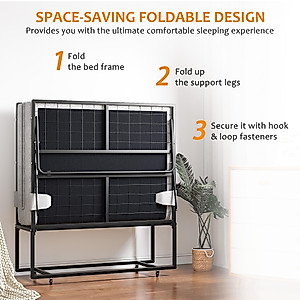 SKKTKT Folding Bed with Mattress, 75" x 39" Twin Size Bed Frame, Portable Foldable Roll Away Adult Bed for Guest, Platform Bed with Fold-up Metal Frame for Bedroom, Living Room, Dorm