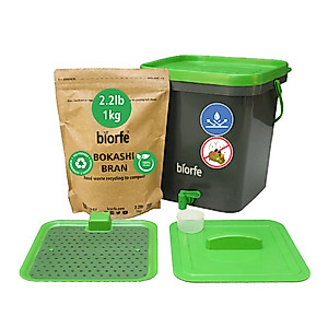 Biorfe Bokashi Indoor Compost Starter Kit All Seasons Bokashi Bran - Attractive Countertop Kitchen Odor Free Compost Bin - Composting Bucket Container with 2.2 lbs Organic Dry Bokashi Bran for Indoor