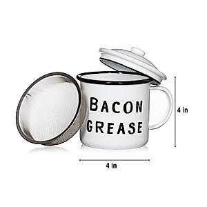 Bacon Grease Container with strainer - rustic mid-century modern farmhouse design, white enamel on metal, 4 inch x 4 inch vintage enamelware with lid (Black)
