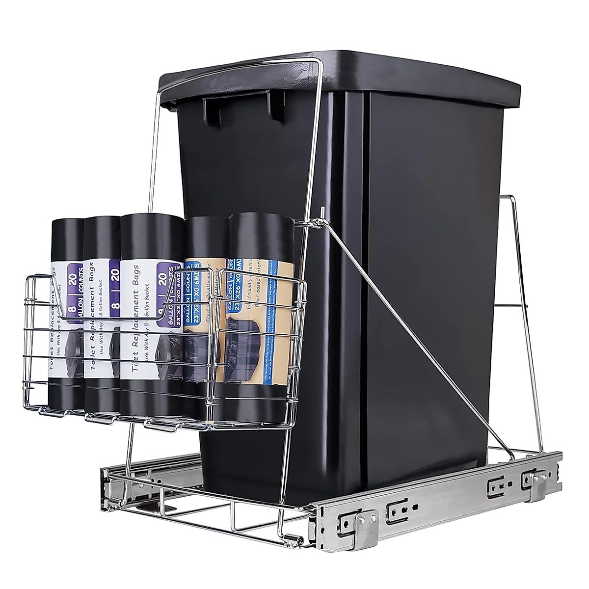 Pull Out Trash Can Under Cabinet Slider, Under Counter Trash Can Pull Out with Garbage Bag Holder, Under Sink Trash Can Pull Out for 7-11 Gallon Garbage Cans, Up to 100 lb (Not Include Trash Can)