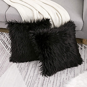WLNUI Set of 2 Black Decorative Pillow Covers New Luxury Series Merino Style Faux Fur Fluffy Throw Pillow Covers Square Fuzzy Cushion Case 18x18 Inch