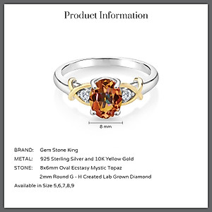 Gem Stone King 2 Tone 10K Yellow Gold and 925 Sterling Silver Ecstasy Mystic Topaz and Lab Grown Diamond Women Ring (1.58 Cttw, Available in Size 5,6,7,8,9)