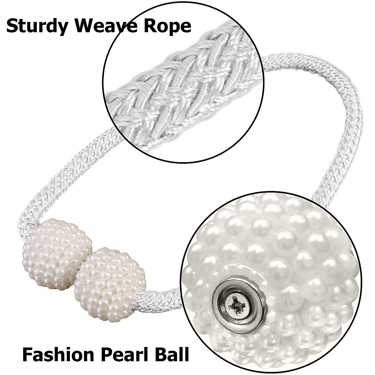 8 Pack Magnetic Curtain Tiebacks,Convenient Drape Tie Backs Decorative Curtain Holdbacks Holder Curtain Tiebacks for Window Draperies, No Tools Required-Pearl Shape (White)