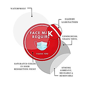 Face Mask Required Sign Sticker 2 Pack 8x8” Inch Peel & Stick Vinyl Decal Wall & Floor Sticker | Wear Face Mask Public Safety Signage for Customers, Business, Offices, Storefronts | No Mask No Entry