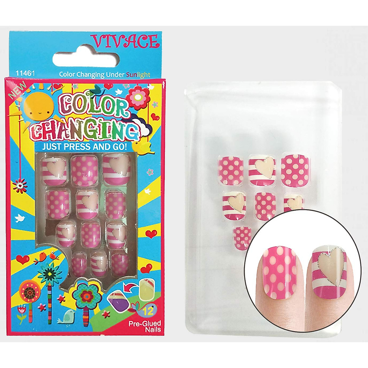 Vivace 4Pack 48Tips Color Changing Under Sun Fake Nails, Artificial Preglued Junior Sticker Nails 11461 etc (Sun 1)