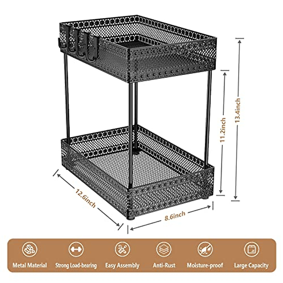 Under Sink Organizers and Storage, Metal Bathroom Organizers Countertop with 4 Hooks, 2 Tiers Under Cabinet Organziers and Storage, Under Kitchen Sink Organizers and Storage with 4 Non-Slip Feet