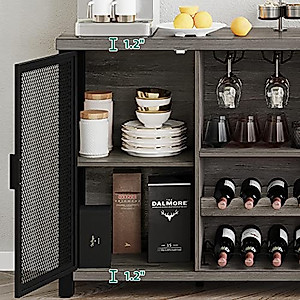 YITAHOME Industrial Sideboard Buffet Cabinet w/Wine Rack, Glass Cups Holder, Rustic Wine Cabinet Bar Cabinet Mesh Door for Liquor and Glasses, Liquor Cabinet Bar for Home (55 Inch, Dark Oak)