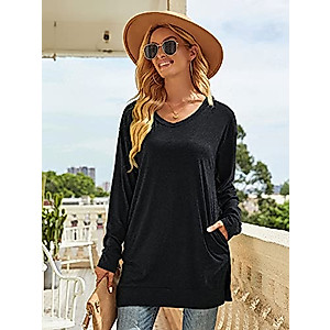 XUERRY Womens Casual V-NECK Long Sleeves Pocket Solid Color Sweatshirt Tunics Blouse Tops (X9009Black,L)