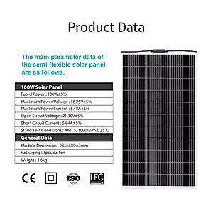 XDAY Flexible Solar Panel 100W 18V Monocrystalline Bendable Mono Off-Grid Charger for Marine RV Cabin Van Car Uneven Surfaces