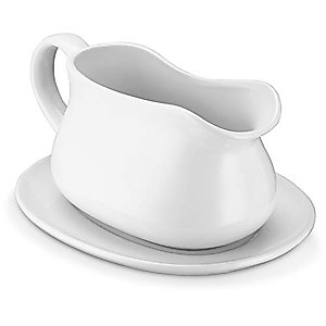 Kook Gravy Boat & Saucer, Ceramic Serving Dish, Dispenser with Tray for Sauces, Dressings and Creamer, Large Handle, Microwave and Dishwasher Safe, 17 oz, White