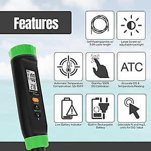 JuviPerpric Dissolved Oxygen Meter,Dissolved Oxygen Test Kit with Floating Probe, LED, 9.8Ft Cable Electrode, ATC, Digital Rechargeable DO Meter for Fish Tanks and Aquarium
