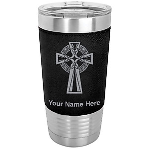 LaserGram 20oz Vacuum Insulated Tumbler Mug, Celtic Cross, Personalized Engraving Included (Faux Leather, Black)