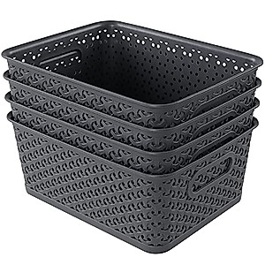 Obstnny Plastic Weave Storage Basket Grey, Pantry Organization Basket Bin, 4 Packs, 9.91" x 7.6" x 4.05"