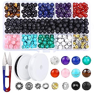 YBLNTEK 400Pcs Lava Beads Stone Rock Beads Rainbow Striped Beads Kit with Chakra Beads Cloisonne Beads Spacer Beads Bracelet String Cord for Diffuser Essential Oils Adult Jewelry Making Supplies