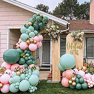 sherpaa Sage Green Pink Balloon Garland Arch Kit, Baby Pink Blush Gold Metallic Latex Balloons, 18 inch Big Sage Green and pink Balloon for Wedding Bride Baby Shower Birthday Evening Decor