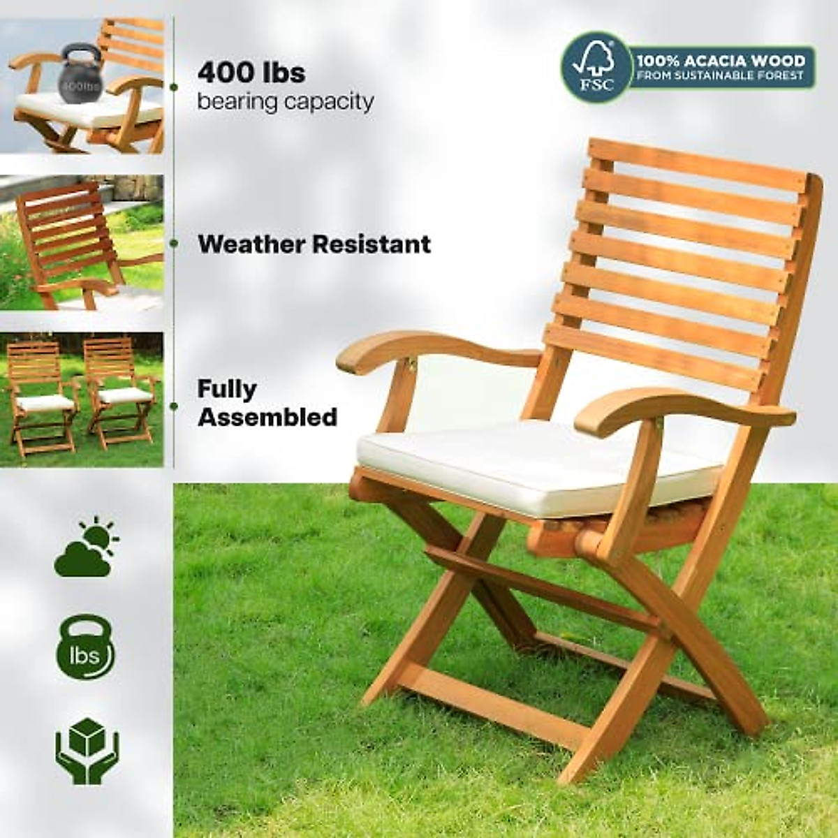 IDZO, Percy Wood Folding Chairs Heavy Duty 400lbs Capacity Set of 2 w/Cushion, FSC Acacia Outdoor Furniture, Teak Finish, Fully Assembled, Beige