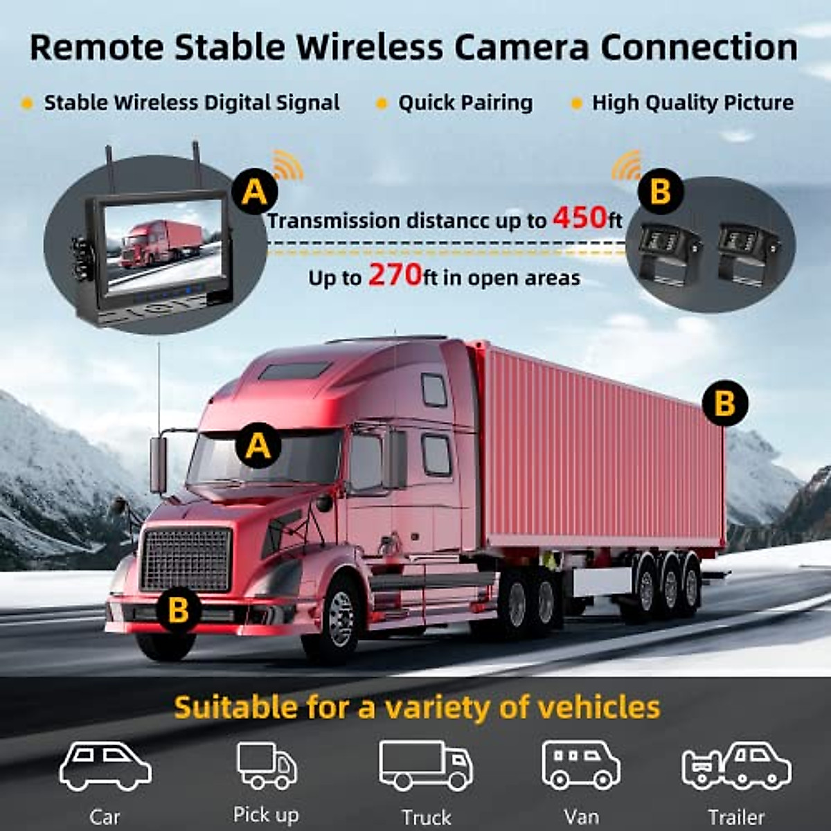 FHD 1080P Wireless Backup Camera Kit 7” LCD Monitor with Blue Backlit Buttons Support Split Screen Two Cameras IP69 Waterproof IR Night Vision for Bus/RV/Truck/Trailer/Motorhome/Boat